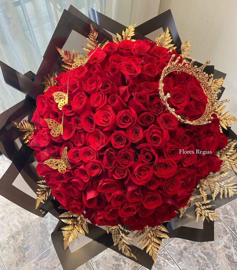 «RAMO BUCHON» 200 ROSAS ROJAS Y ACCESORIOS GOLD - Flores Regias